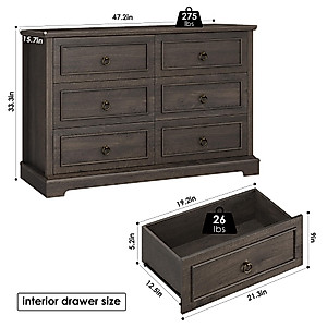 HOSTACK 6 Drawer Double Dresser, Modern Farmhouse Chest of Drawers, Wide Dressers Organizer, Accent Wood Storage Cabinet for Living Room, Hallway, Dark Brown