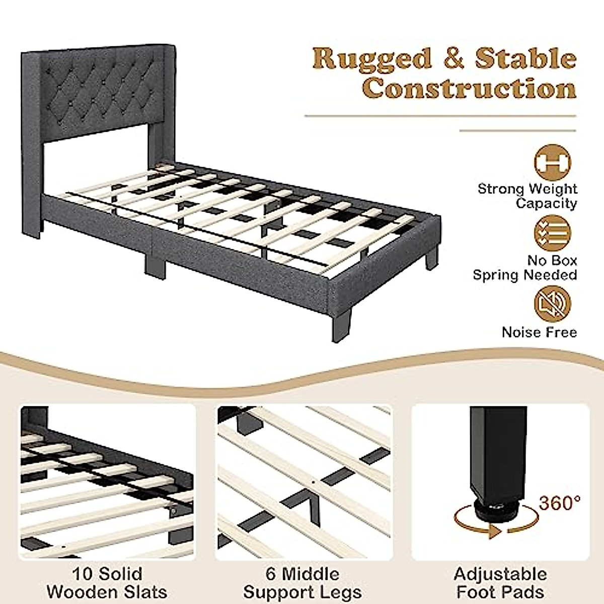 Giantex Twin Bed Frame with Button Tufted Headboard, Modern Fabric Upholstered Platform Bed with Wingback Design, Solid Wooden Slats Support Mattress Foundation, No Box Spring Needed, Grey