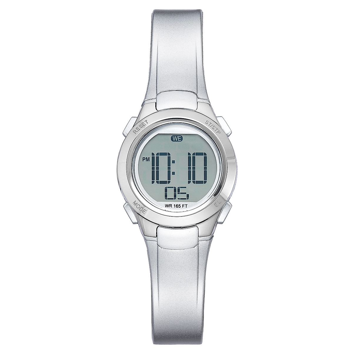Amazon Essentials Women's Digital Chronograph Resin Strap Watch, Silver