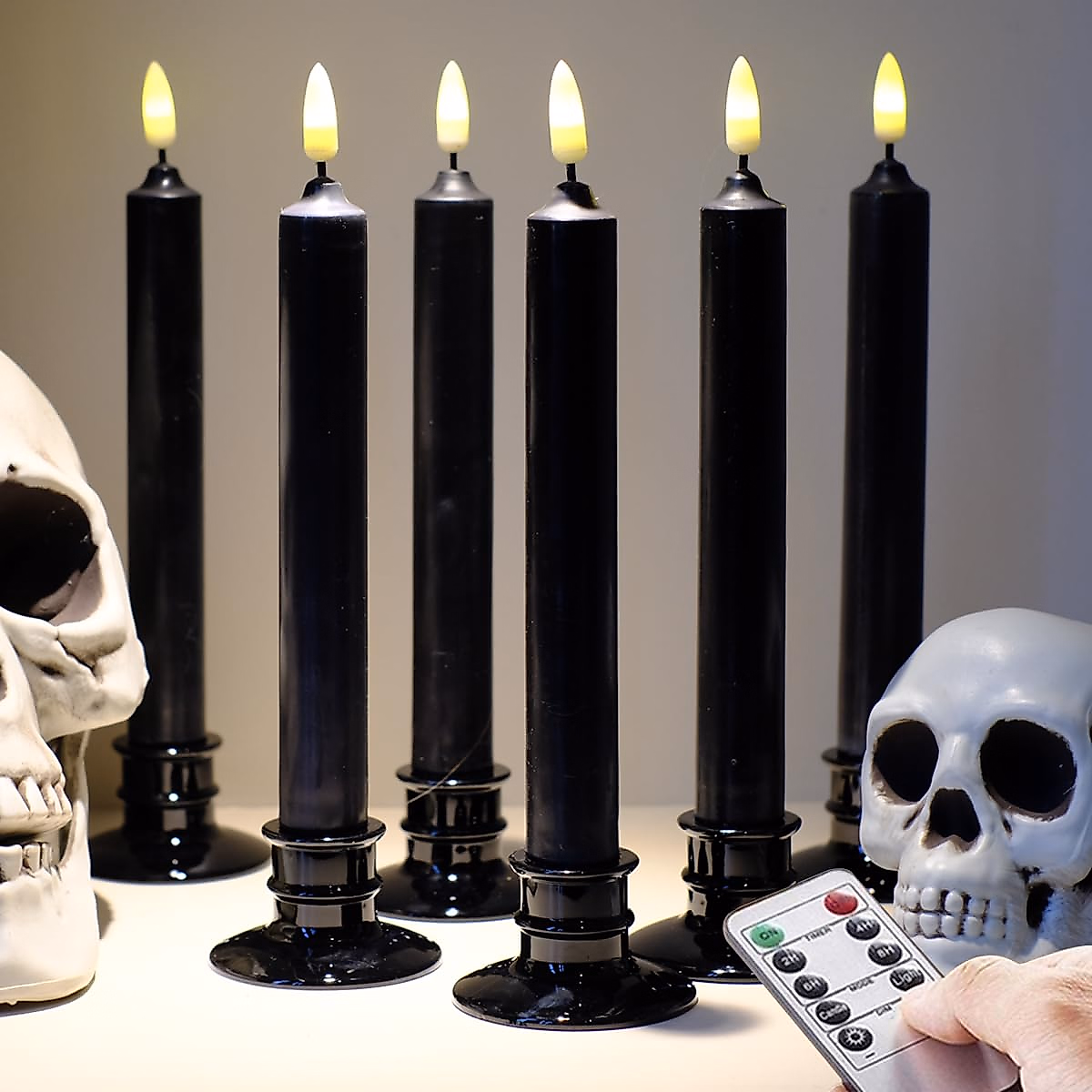NONNO & ZGF 6PACK Real Wax Black Flameless 8'' Battery Powered Windows Candles with Remote and Timer & Candlestick. Removable Black Candleholders, Patented