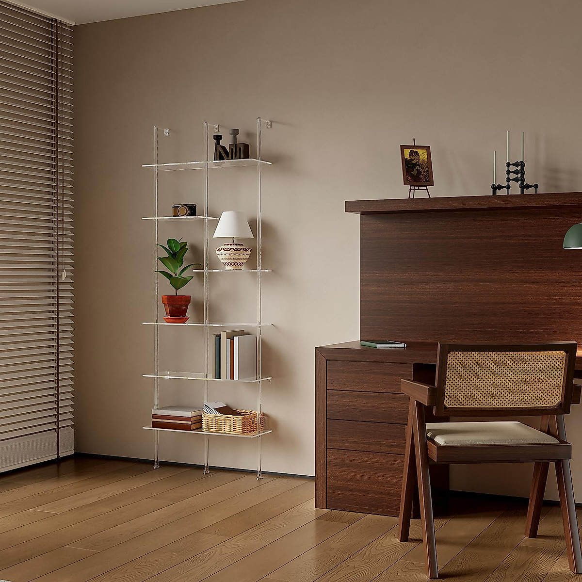 CRTERICX Narrow Acrylic Bookshelf, Wall Mounted, 6-Tier Clear Ladder Bookshelf with Open Shelves, Multipurpose Bookcase for Living Room, Bathroom, Office, Modern, 9.5" D x 29.5" W x 81.7" H