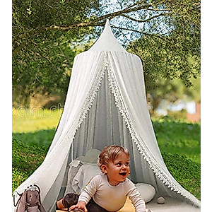 Kids Bed Canopy with Pom Pom Hanging Net for Baby Crib Nook Castle Game Tent Nursery Play Room Decor，White