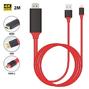 Tek Styz Powered USB-C 4k HDMI Cable Compatible with Sony WF-1000XM3 Plus USB Charging at Max 2160p@60Hz, 6Ft/2M Cable [Red, Thunderbolt 3]