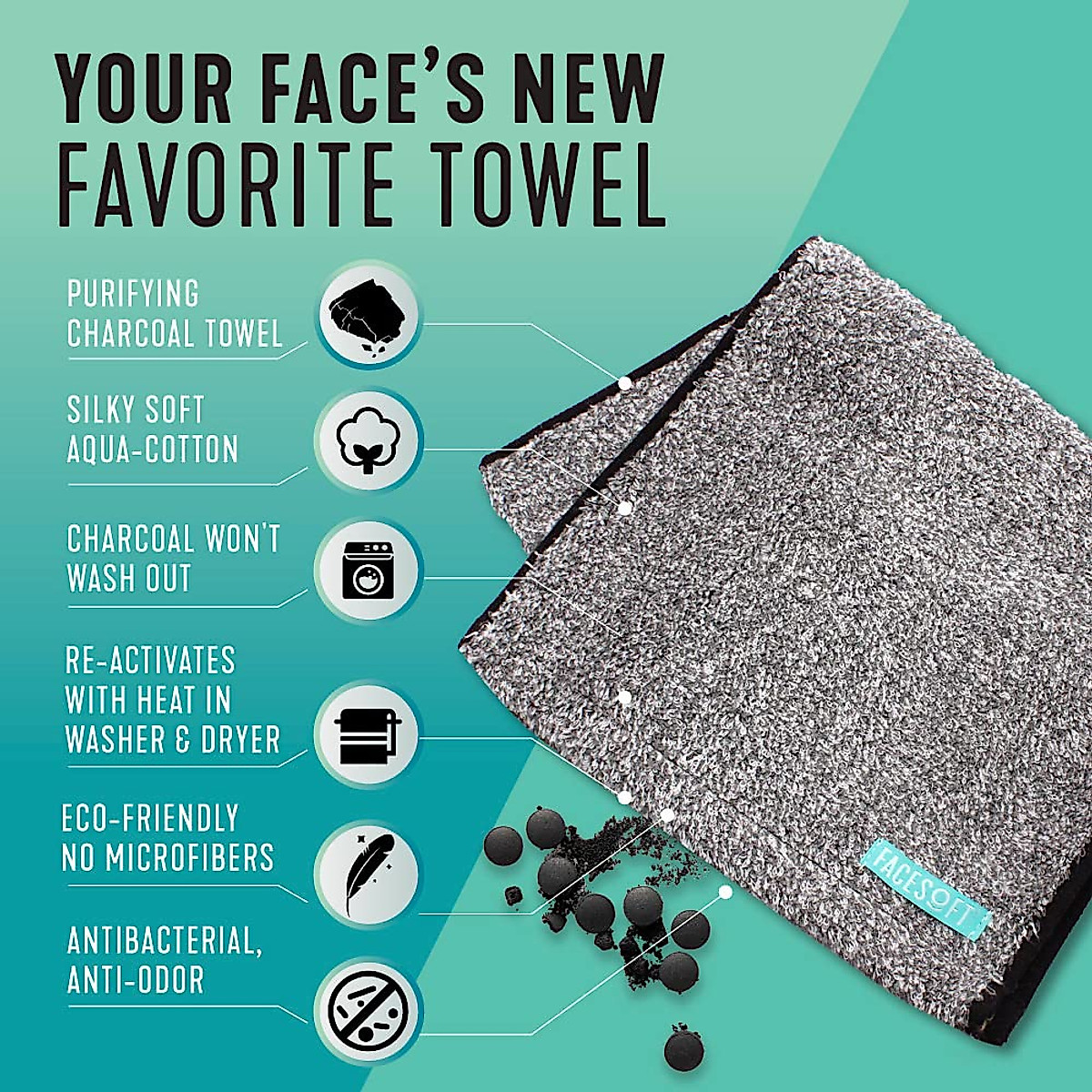 Facesoft Yoga Towel - Infused with Activated Charcoal to Detoxify and Sweat - Made with Eco-Friendly Aqua-Cotton Yarn - Biodegradable and Sustainable - All Ages