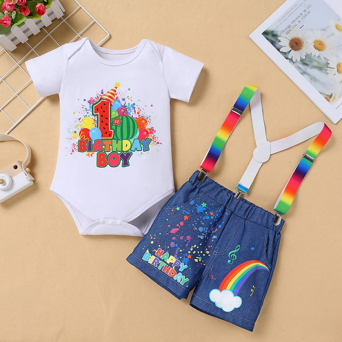 Watermelon 1st 2nd 3rd 4th 5th Birthday Boy Outfit for Baby Toddler Cake Smash Melon Bowtie Romper Bodysuit Jumpsuit +Denim Shorts+Suspenders Photo Shoot Formal Suit Blue Crown-1st Birthday Boy 1T