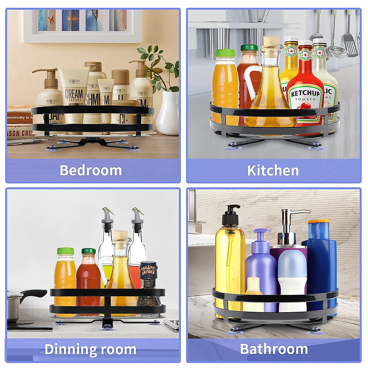 9" Square Steel Lazy Susan Rotating Turntable Food Storage Container Tray for Kitchen Cabinet Pantry Fridge Cupboards Counter Organizing, Fully Rotating Organizer for Spices, Condiments, Makeup