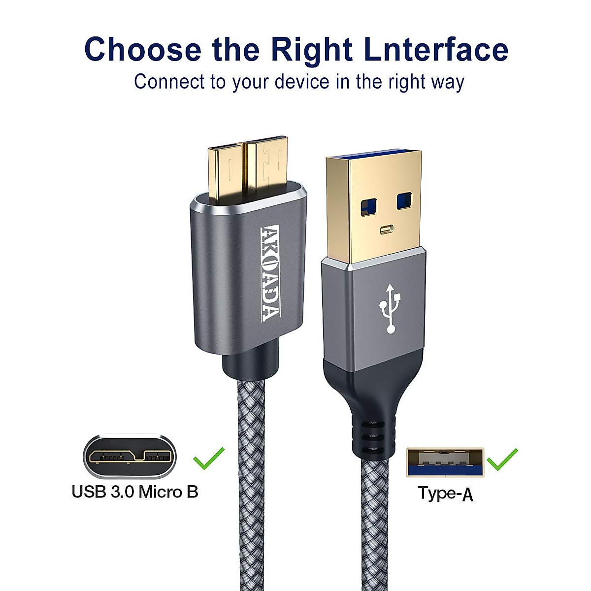 AkoaDa 3.3ft USB Micro B Cable 3.0, External Hard Drive Cord USB A to Micro B Cord Nylon Braided Cord for Samsung S5/Note 3, Camera, Toshiba, Seagate Hard Drive, WD Hard Drive(Grey)