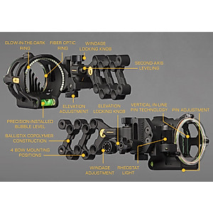 Trophy Ridge React V5 Archery Bow Sight - 5 Vertical Pins, Tool Less Windage and Elevation Adjustability, 2nd Axis Leveling, Adjustable Click Light, Right Hand, 0.019 Pin