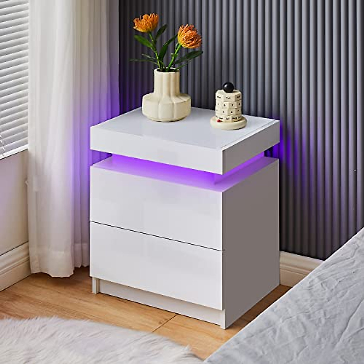 CLIPOP Modern Nightstand, LED Night Stand with 2 High Gloss Chest of Drawers, Bedside Table Cabinet with Remote Control Light, Wood Matte Nightstand 20.6" Tall Bedroom Furniture, White