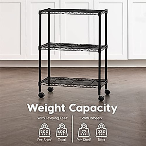 IRIS USA 3-Tier Adjustable Steel Storage Rack with Removable Locking Casters (Up to 600 lbs Loading Capacity), Easy Assembly Wire Organization Unit with Metal Shelves, Black (23.5"L x 14"W x 32"H)