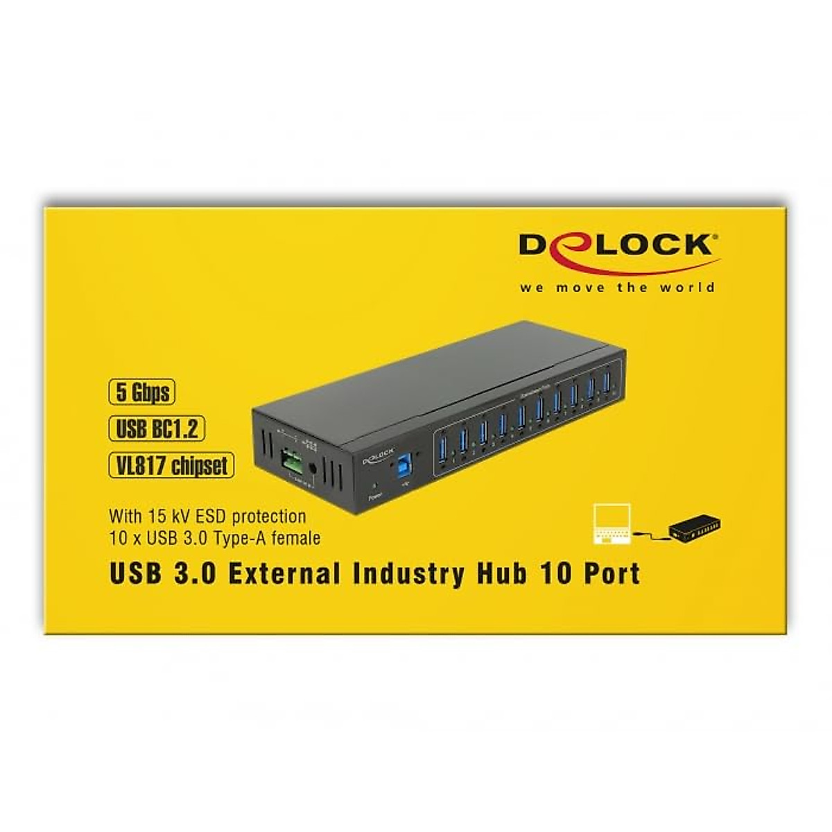 DeLOCK External Industry Hub 10 x USB 3.0 Type-A with 20 KV ESD Protection - Hub - 10 x SuperSpeed USB 3.0 - DIN Rail Mountable - Wall Mountable - DC, Black