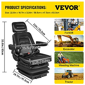 VEVOR Universal Tractor Suspension Seat, 35-170° Backrest Angle Adjustable Air Ride Seat Replacement w/Seat Belt & Safety Switch, Compatible with Forklift/Van/Mower, Black Vinyl