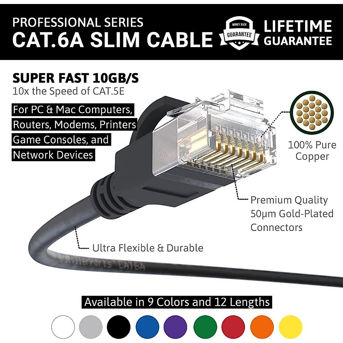 InstallerParts Ethernet Cable CAT6A Slim Cable UTP Booted 2 FT (10 Pack) - Black - Professional Series - 10Gigabit/Sec Network/High Speed Internet Cable, 550MHZ, 28AWG