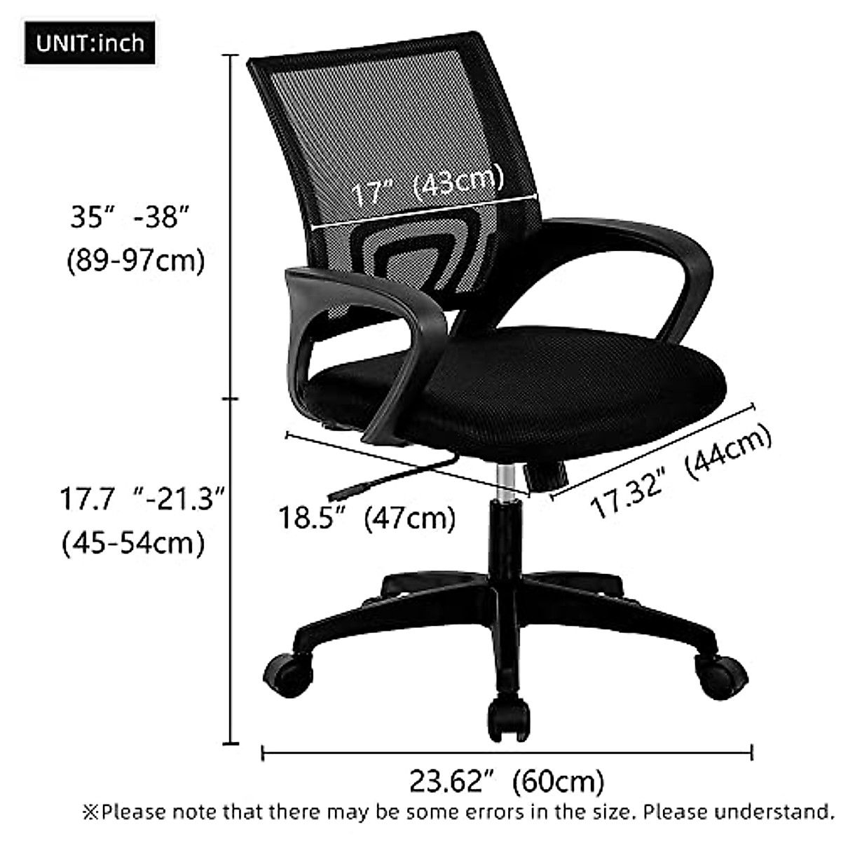 YKCUL 2 pcs Home Office Desk Chairs for Bedroom Office Swivel Chair Ergonomic Desk Chair with Arms Mesh Computer Desk Chairs for Adults Adjustable Mid Back Task Chair with Lumbar Support, Black