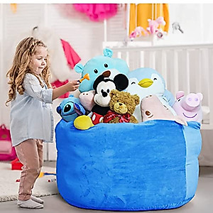 Bean Bag Chair Cover, Stuffed Animal Storage, Plush Toys Organizer Holder, Beanbag Chairs Cover for Kids Teans and Adults Super Soft and Comfortable Fabric X-Large with Handle and Zipper -Round Blue