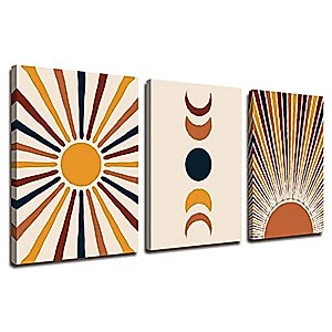 Orange Boho Wall Art Sunrise and Moon Minimalist Geometry Abstract Canvas Wall Art Modern 3 Pieces Stretched and Framed Artwork Canvas Prints for Home Office Bathroom Bedroom Wall Decor 12"x16"x3