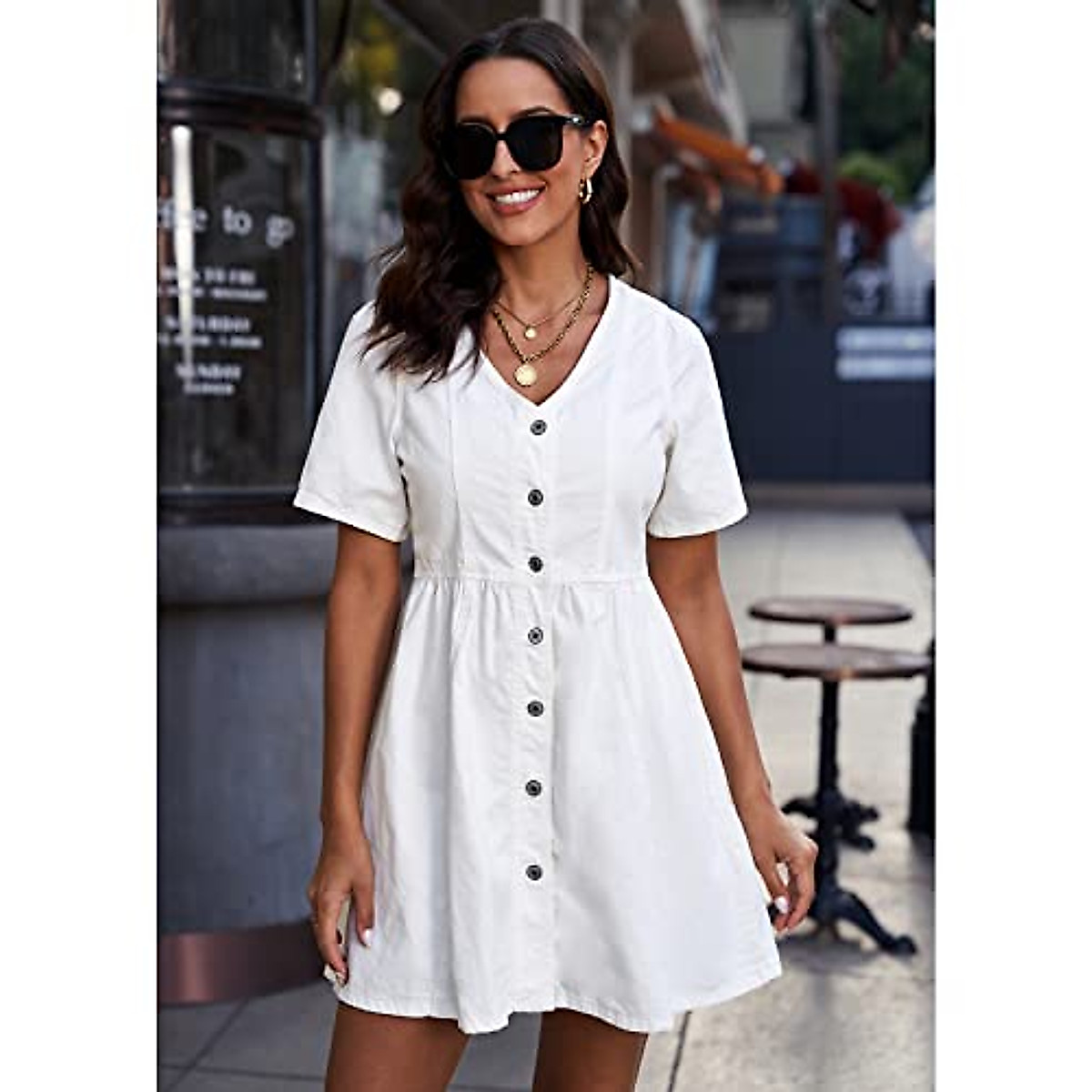 luvamia Women's Denim Shirt Dress Button Down Skirt V Neck Short Sleeve Jean Dresses Cute Dresses Skater Dress Knee Length Dress for Women A Line Dresses for Women Brilliant White Size Medium