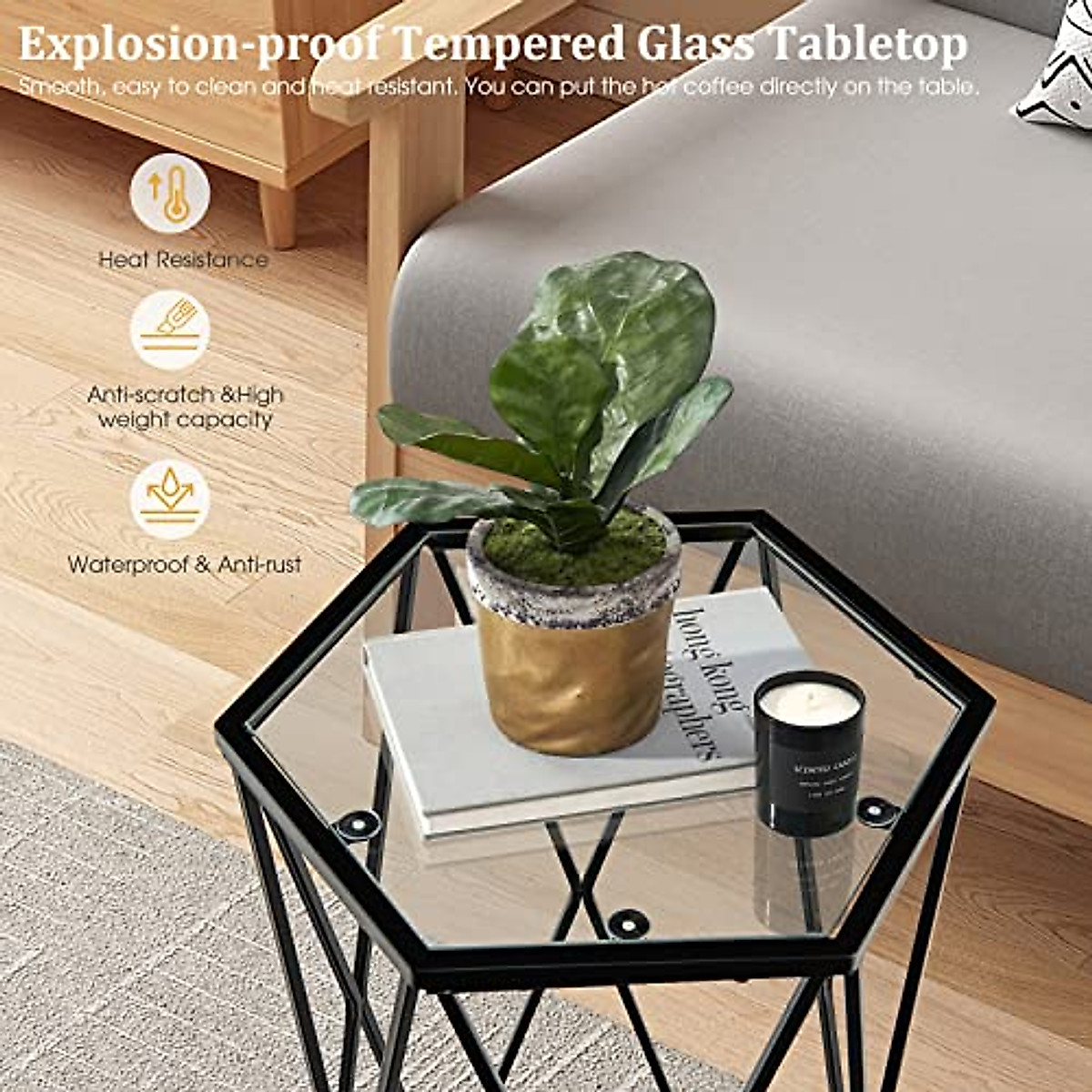Giantex Glass End Table, Hexagon Side Table w/Metal Frame, Small Coffee Accent Table for Small Space for Living Room Balcony, Modern Style Bedside Table Nightstand