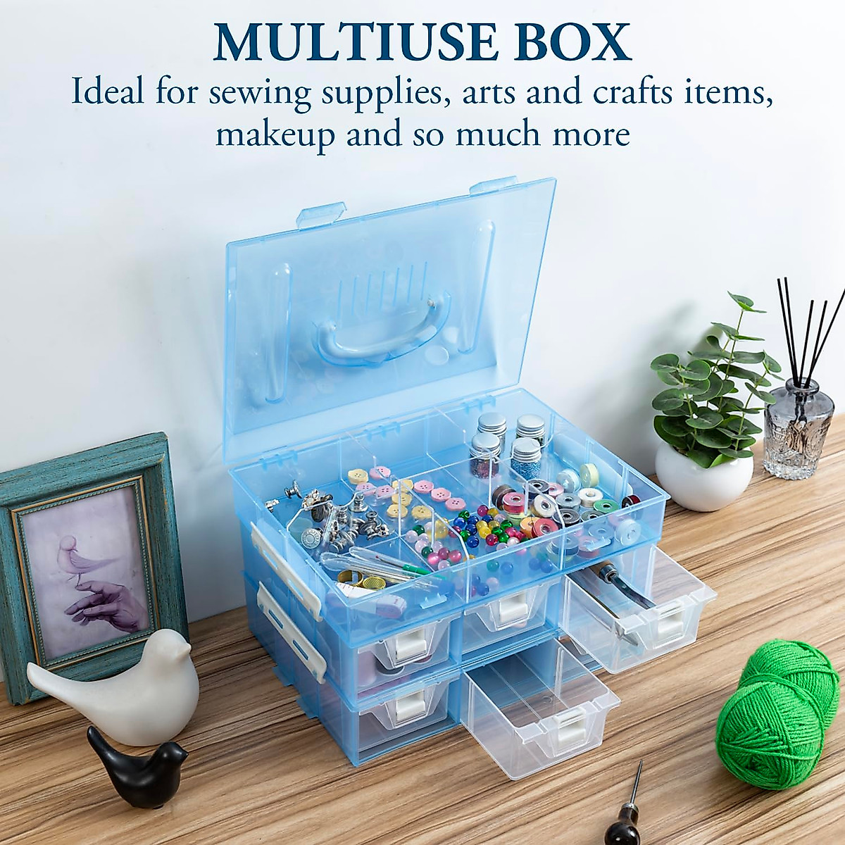 MyGift 11 Inch Sky Blue Transparent Arts and Crafts Sewing Supplies Storage Organizer Case with White Accents, 24 Customizable Compartments, 6 Drawers Removable Dividers