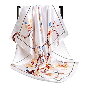 DRESHOW 35” Large Square Satin Head Scarf - 4Pcs Silk Accessories Classic Patterned Squares Beach Bandanas for Women