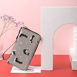 QSMX Women's Clutch Wallet Bag,Boston Terrier Dog In Paw Prints Long Leather Wallets with Wristlet Strap Zipper Around Credit Card Holder GIft-TPU Durable Shockproof Lightweight Waterproof