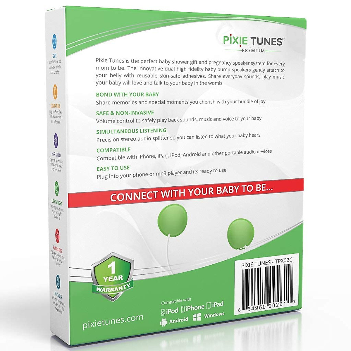 Pixie Tunes Premium Award-Winning Baby Bump Headphones; #1 Pregnancy Speakers to Play Music, Sound and Talk to Your Baby, Green