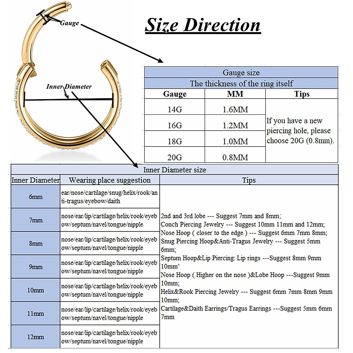 Yrogcu 20G Gold 12mm Hinged Nose Ring Hoop Double Row Diamonds Septum Piercing Jewelry Cartilage Earrings Stainless Steel Helix Earring Hoop Daith Lip Eyebow Belly Ring with Shiny Clear CZ