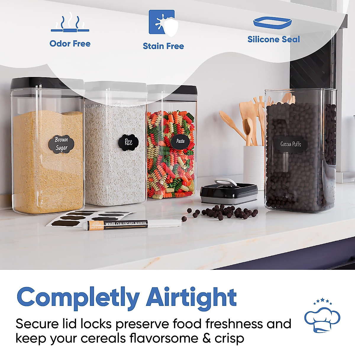 Airtight Extra Large Food Storage Containers - Set of 4, All Same Size - Kitchen & Pantry Organization - Cereal, Spaghetti, Noodles, Pasta, Flour and Sugar Containers - Plastic Canisters with Lids