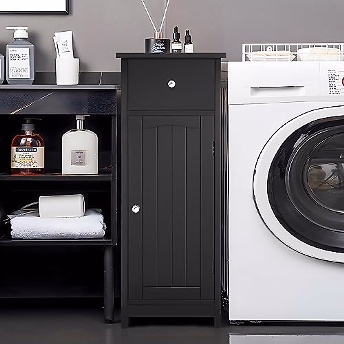 Iwell Bathroom Floor Cabinet, Storage Cabinet with Large Drawer, Wooden Free-Standing Cabinet with Door for Bathroom, Living Room, Bedroom, Black