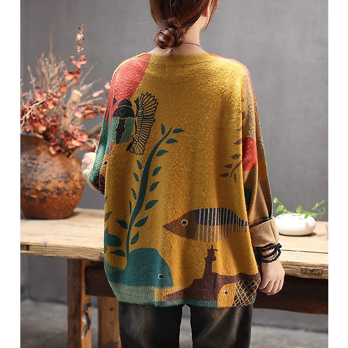 YESNO Women Sweater Graphic Oversized Pullover Sweaters Casual Loose Long Sleeve Knit Tops L S01 CR19