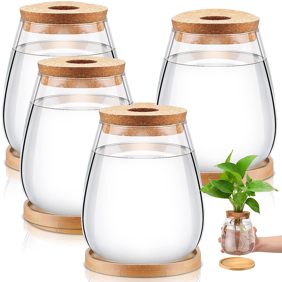 4 Pcs Desktop Plant Terrarium Plant Propagation Planter Propagation Vase Propagation Jars Glass Plant Containers Air Planter Water Station with Wooden Lid and Stand for Hydroponic Home Office (Large)