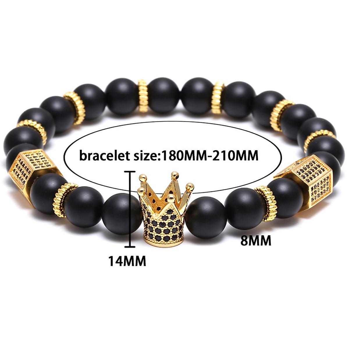 SEVENSTONE 8mm Crown King Charm Bracelet for Men Women Black Matte Onyx Stone Beads, 7.5"