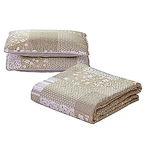 SLPR Silent Reverie 3-Piece Queen Comforter Set (Rustic Quilt with 2 Shams): Lightweight Quilted Bedding, Farmhouse Bed Set Queen Size, White and Tan Country Style Printed Coverlet