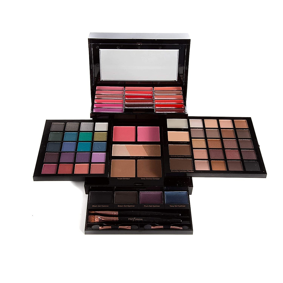 Profusion Cosmetics - Pro Elevation Kit - Starter Makeup Artist Kit Eyeshadows Lip Shades Gel Eyeliners Highlighters Contour Bronzer Brow Powder Eyebrow Wax Eyebrow Highlighter Applicator Brushes