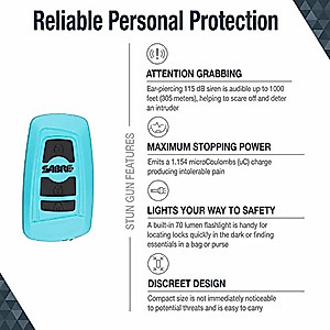 SABRE Compact Stun Gun, Flashlight & Personal Alarm –Rechargeable 3-in-1 Personal Safety Tool w/ Wrist Strap for Quick Access