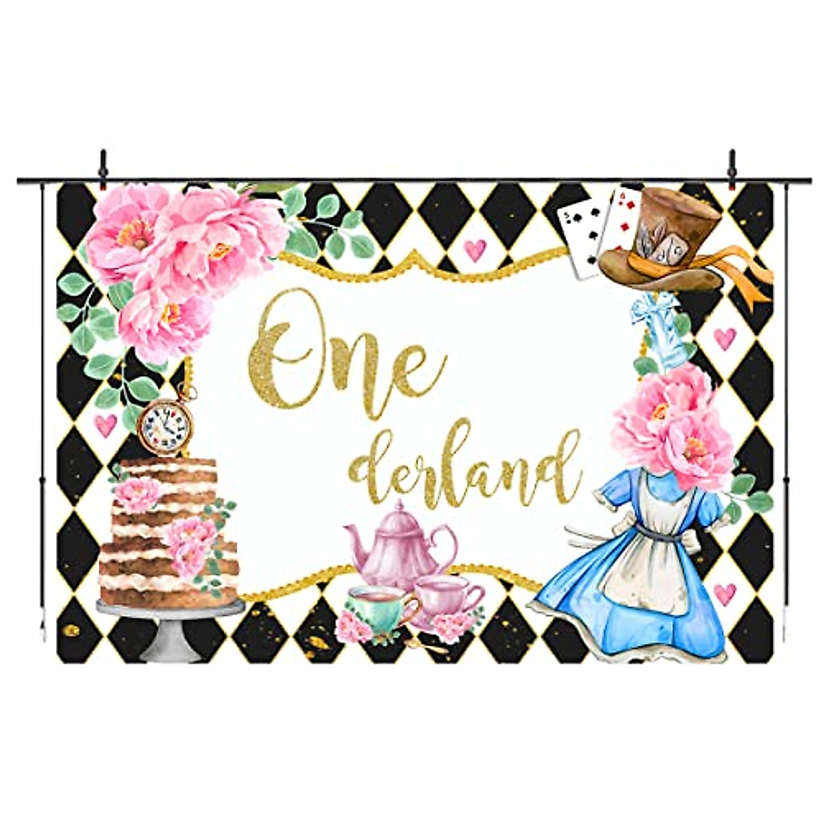 Onederland 1st Birthday Backdrop for Girls Wonderland Tea Party Photography Background Girl Pink Floral Poker Decoration Cake Table Banner 7x5ft