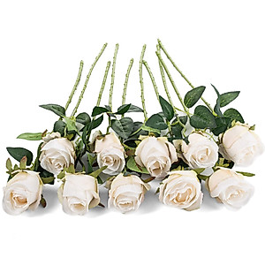 Flojery 10pcs Artificial Rose Flowers Long Stem Fake Silk Roses for DIY Wedding Bouquet Table Centerpiece Home Decor (White)