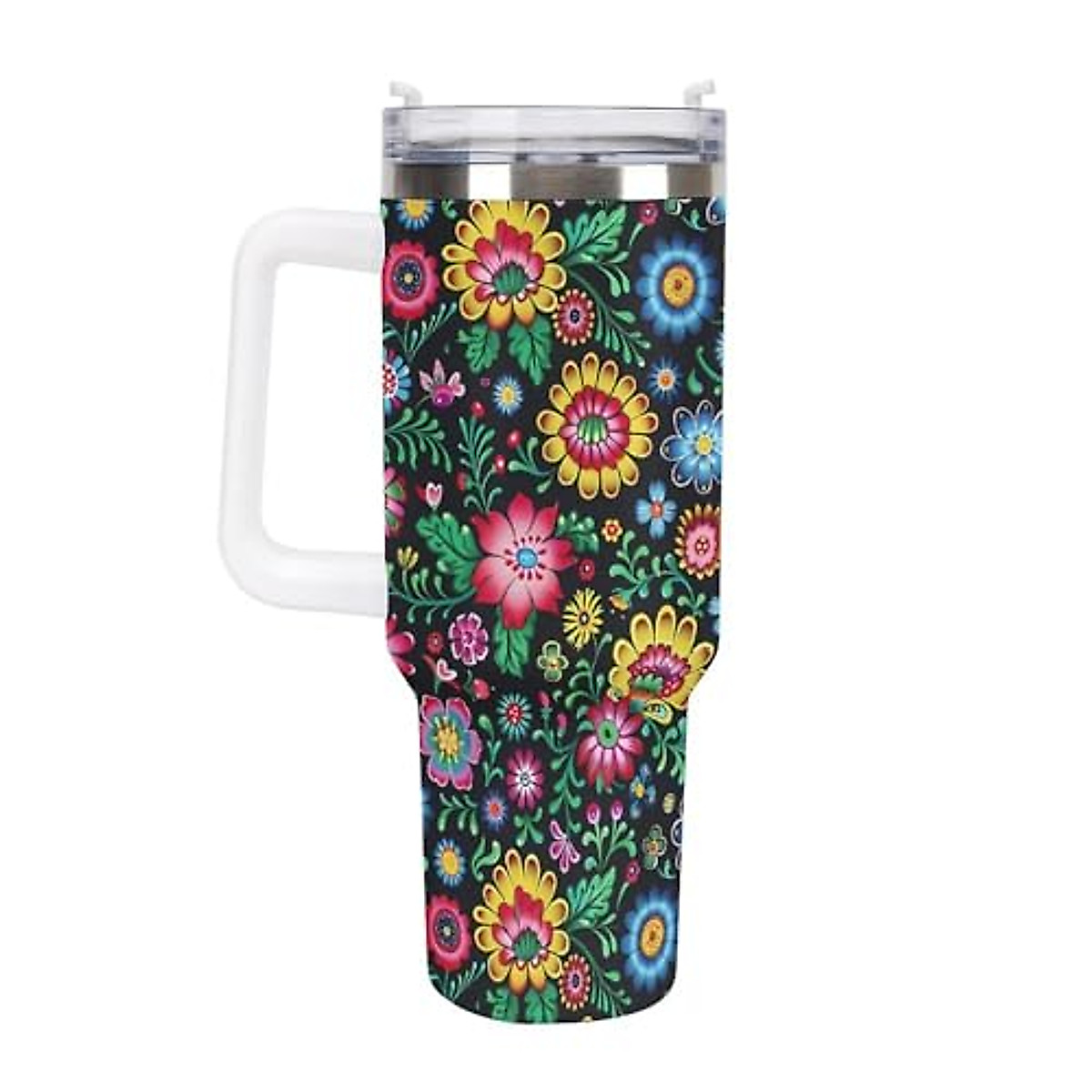 Polish Folk Art Floral Pattern 40OZ Tumbler Stainless Steel Travel Mug Water Bottle Car Cup Tea Cups with Lid White-style