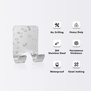 Self-Adhesive Shaver Hooks Heavy Duty Waterproof Shower Multi-Function Hooks,Stainless Steel Hooks for Bathroom Kitchen Double Hook to Organize Razor Loofah Robe Shaver Plug by KCTEX (Silver)