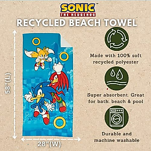 Franco Sonic The Hedgehog Anime Super Soft Lightweight 100% Recycled Bath/Pool/Beach Towel Made from Recycled Plastic Bottles, 58 in x 28 in, (100% Official Licensed Sonic The Hedgehog Product)