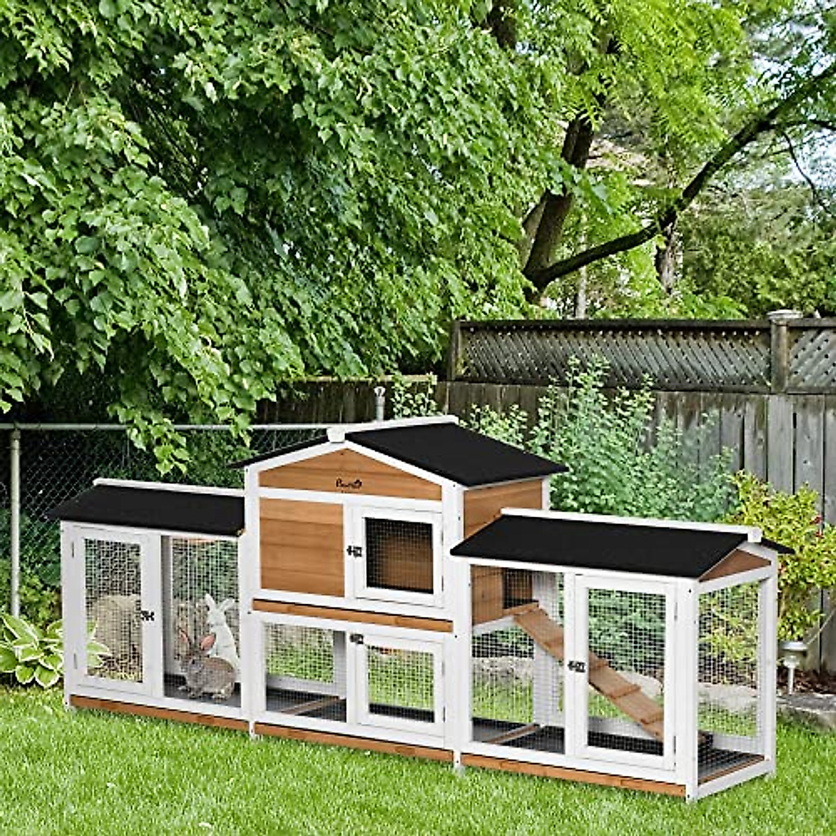 PawHut 90.5" Wooden Rabbit Hutch Bunny Cage Pet Playpen House Enclosure with Double Side Run Boxes, No Leak Tray, Ramp, for Guinea Pig and Small Animals, White