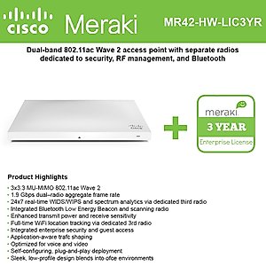 Cisco Meraki MR42 Cloud-Mng'd Wless AP + 3yr of Enterprise License and Support