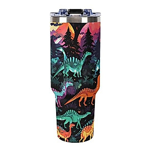LLUTSNTH 40 Oz Vacuum Tumbler with Light Rose Red Handle Leakproof Insulated Tumbler Colorful Dinosaurs Stainless Steel Travel Mug with Lid And Straw Coffee Cup Cute Water Bottles Cup Holder Friendly