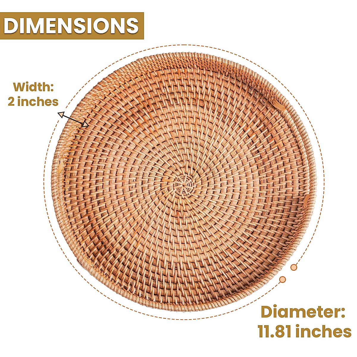 HOMESSENT Round Rattan Tray 11.81x 2.4 Inches -Natural Rustic & Sturdy Wicker Tray with Cut-Out Handles - Hand Woven Tray for Storage & Decoration – Basket Tray for Serving Coffee, Fruits & Drinks