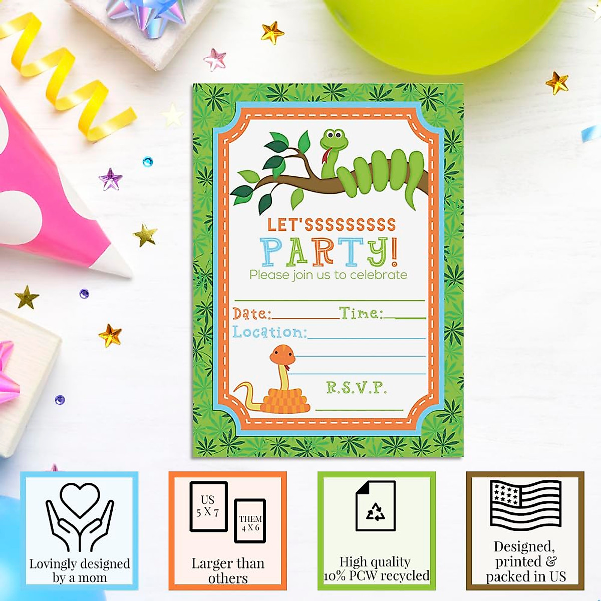 Snake Themed Birthday Party Invitations, 20 5x7 Fill In Cards with Twenty White Envelopes by AmandaCreation