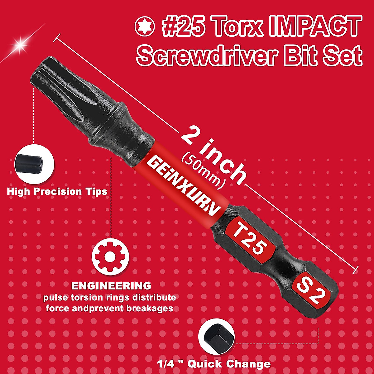 Geinxurn 10 Pieces 2 In. T25 Impact Tough Magnetic Screwdriver Bit Set, #25 Torx Head Power Bits, S2 Alloy Steel Star Bits with Storage M-Box