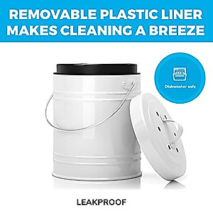 Cooler Kitchen 1.3 Gallon White Countertop Compost Bin - Kitchen Compost bin with EZ-No Lock Lid, Plastic Liner & Charcoal Filters - Sturdy Construction & Odor-Free Seal Dishwasher Safe