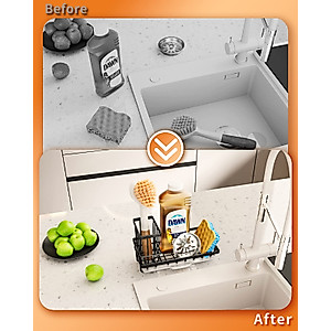 SWTYMIKI Sink Caddy Sponge Holder - Kitchen Sink Organizer with High Brush Holder for Countertop by the Sink Holding Dish Soaps and Sponges, Stainless Steel, Black