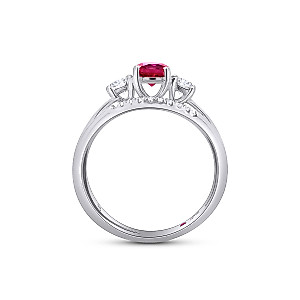 GEMVIO Collection Three Stone Ring, 5MM Round Lab Created Ruby Gemstone & Natural Diamond In 14K White Gold Over Sterling Silver Engagement Anniversary Wedding Bridal Set Ring(0.80Cttw)-7