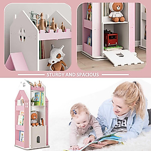 MOUDAO Rotating Bookshelf 360° Castle Kids Bookshelf Toy Storage Organizer Rack, Pink White Corner Bookshelf for Kids Toddler Children, Home Office Furniture Bookcase